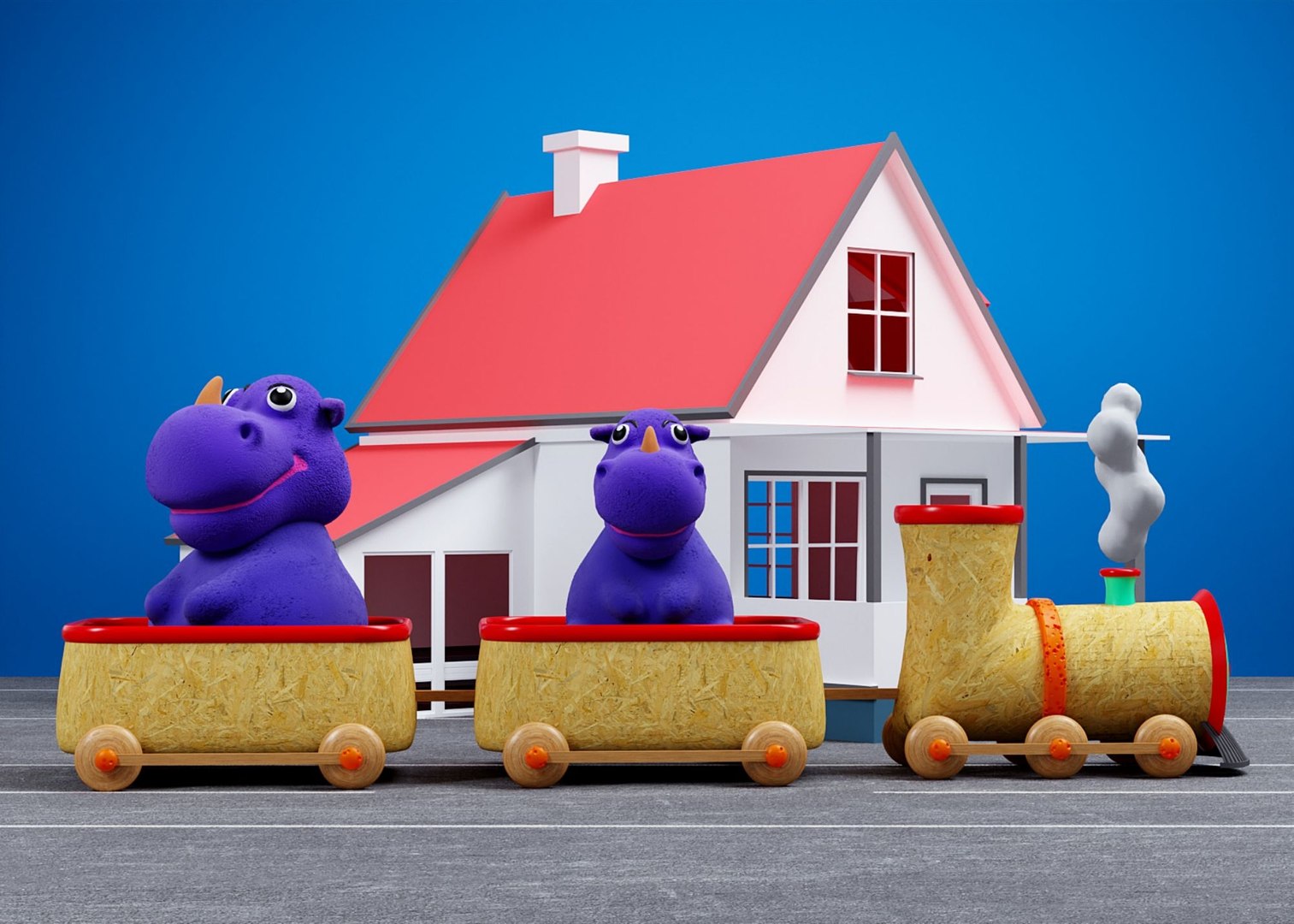 Cartoon Rhino Rhino Combination Cartoon Villa House Cartoon Train ...