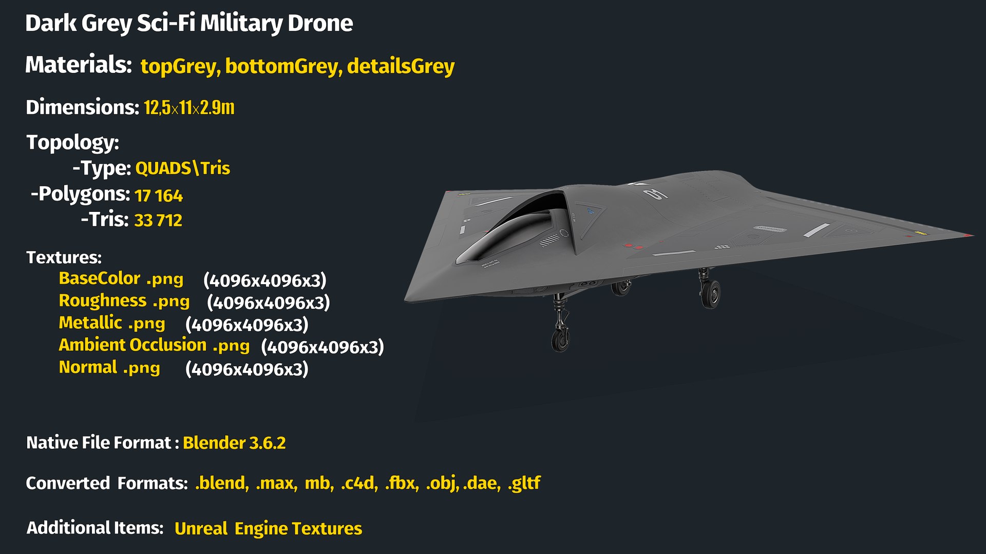 Dark Grey Sci-Fi Military Drone 3D Model - TurboSquid 2141639