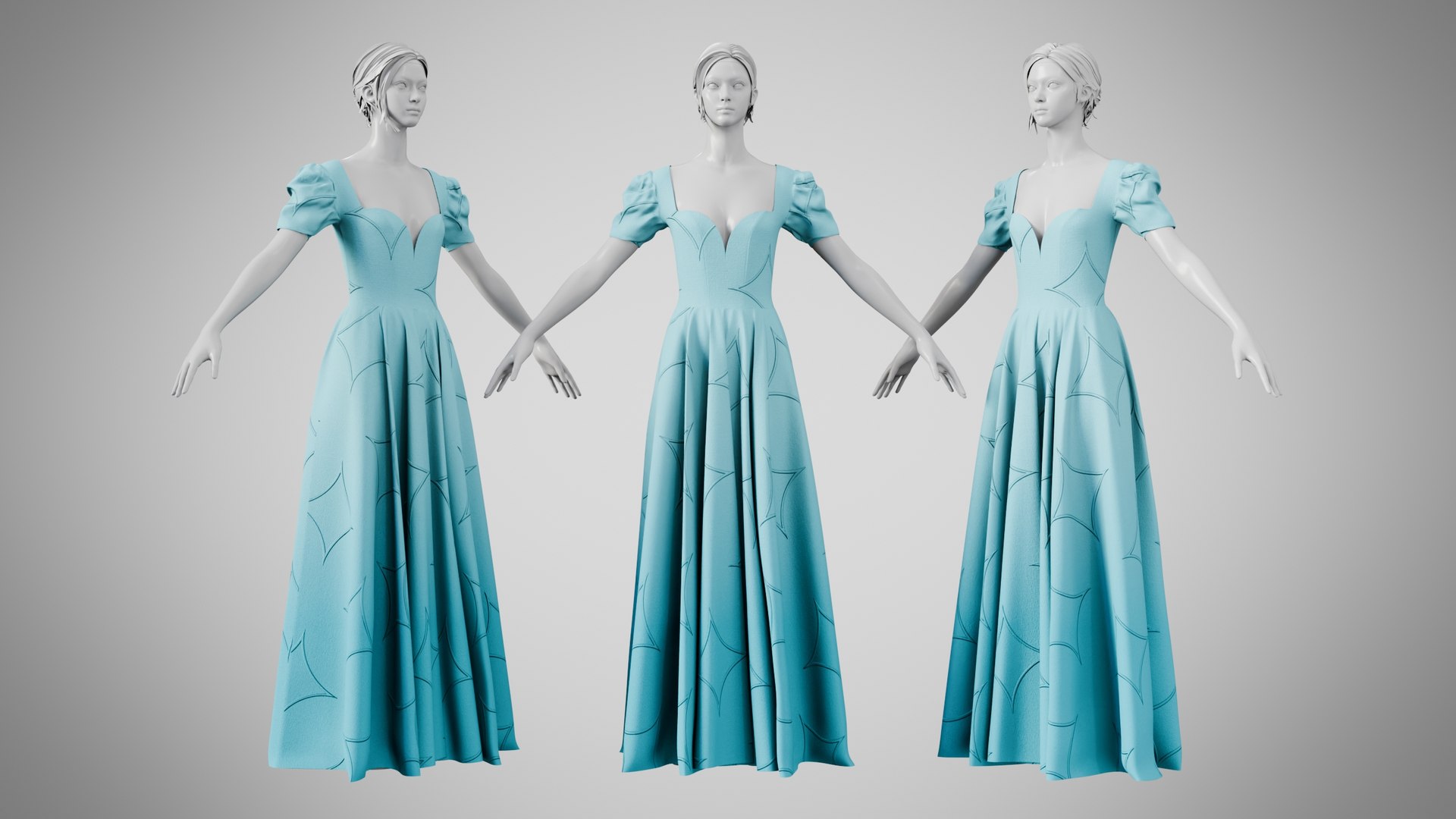 Dress 07 Sky Blue With Design 3D Model - TurboSquid 2440372