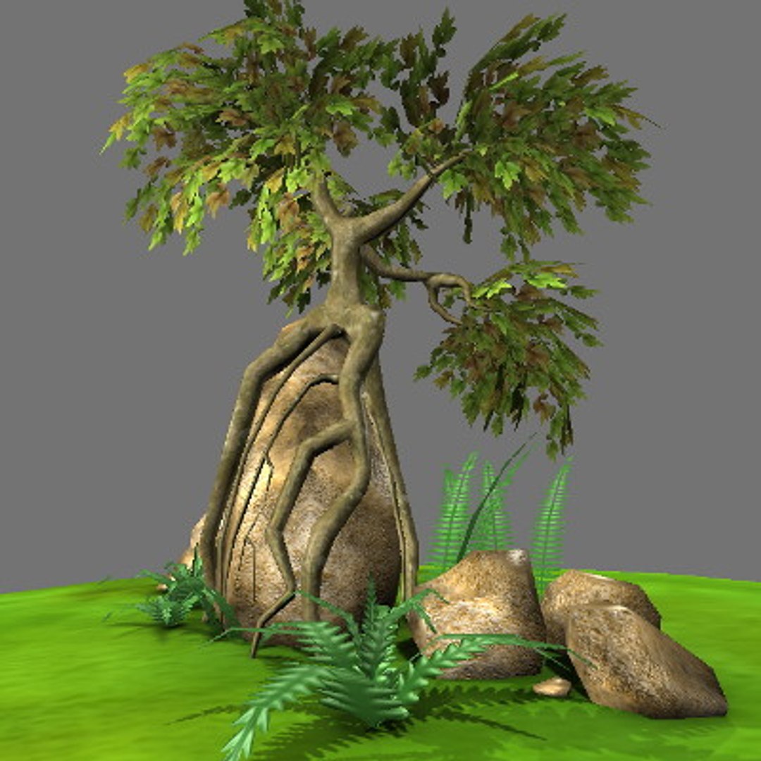 3d low-poly set rocks tree fern model