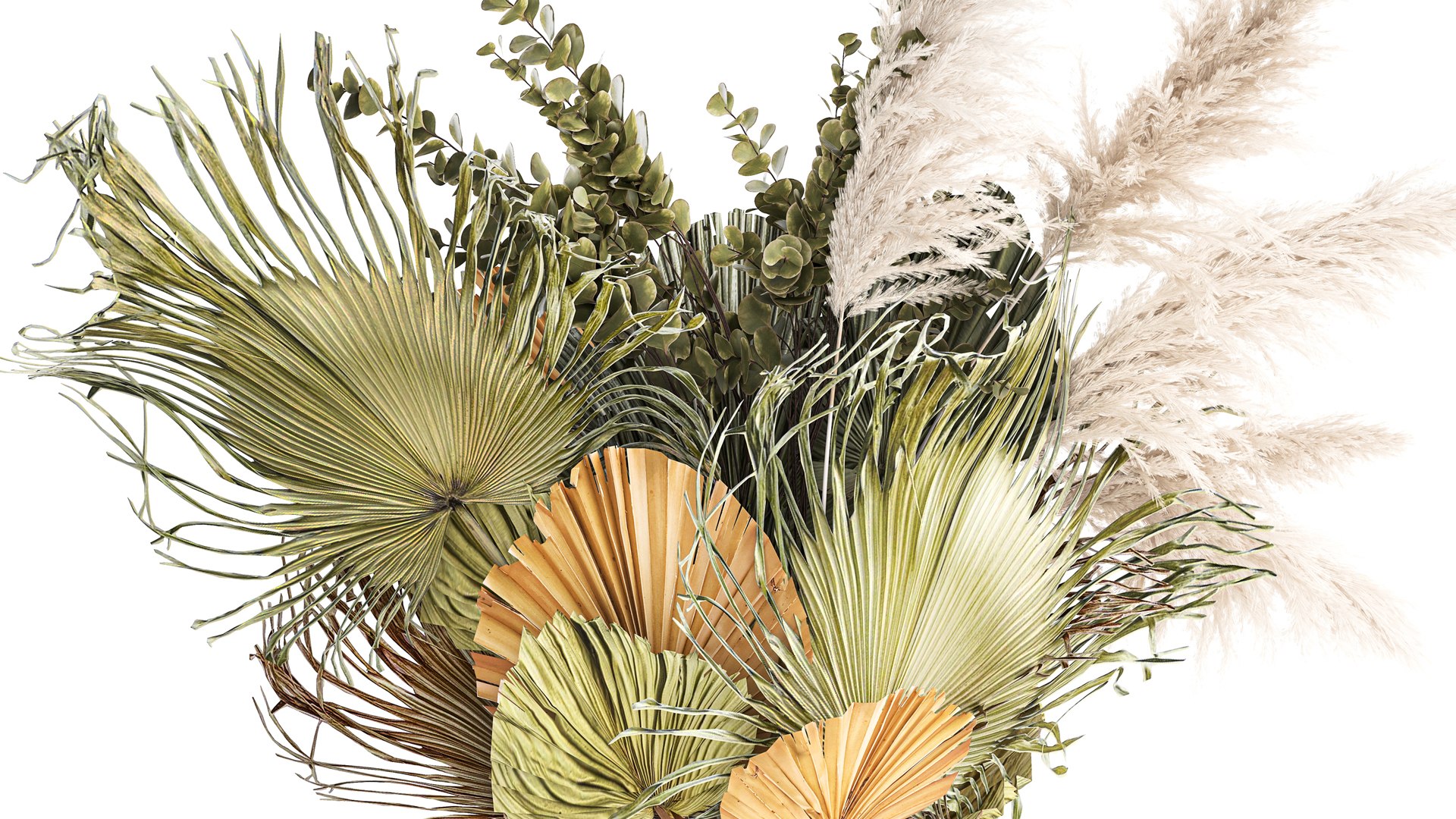 Bouquet of dried flowers vase glass palm leaf branch pampas 304 model ...