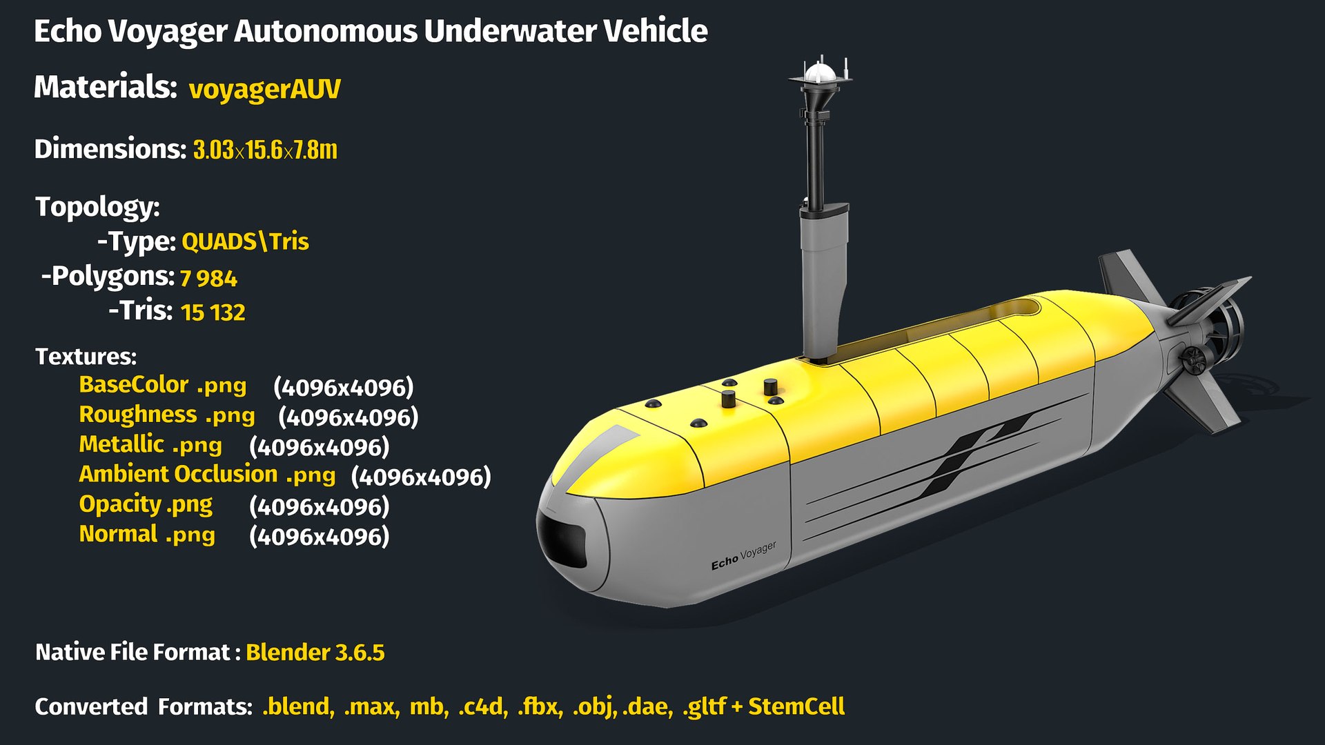 Echo Voyager Autonomous Underwater Vehicle Model - TurboSquid 2193774