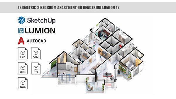 Isometric 3 bedroom apartment layout 3d Animation Lumion 123Dモデル ...