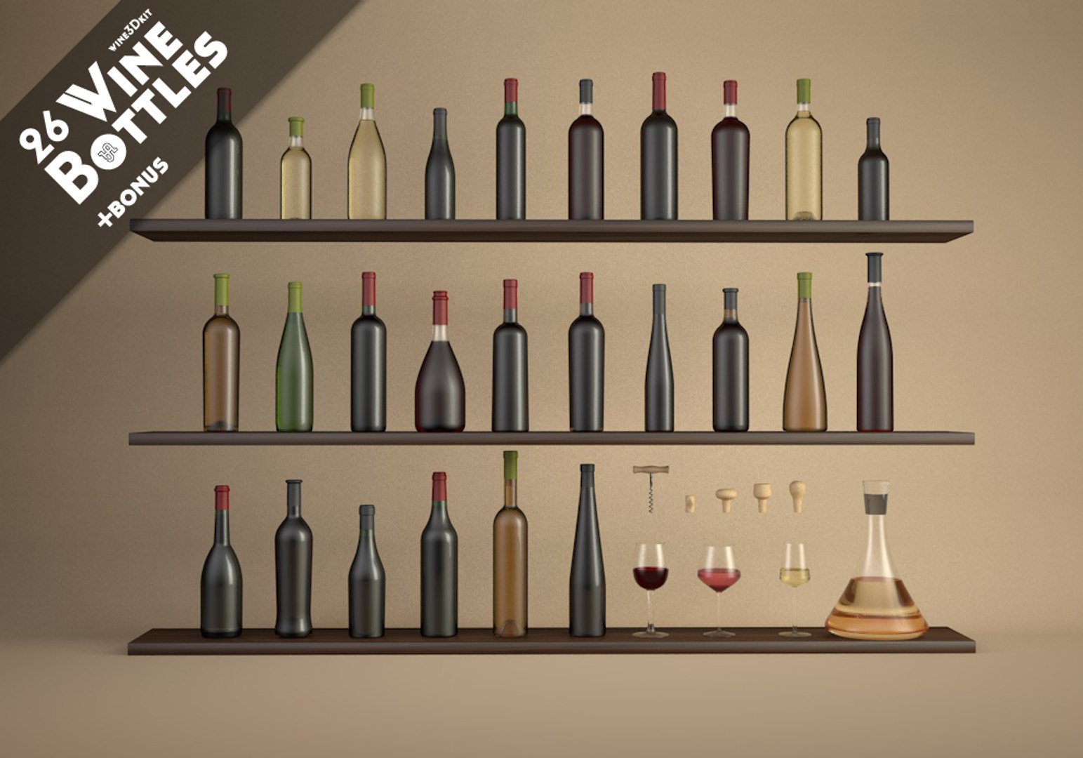 26 Wine Bottles 3ds