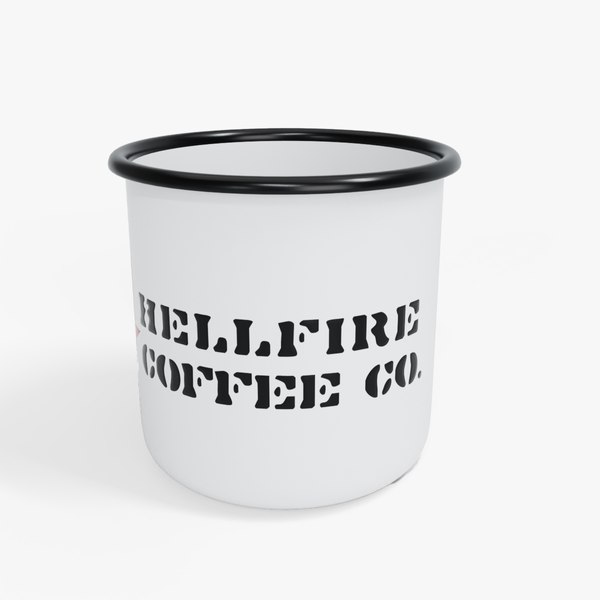 Xícara de esmalte com logotipo falso da marca de café Hellfire Coffee Co., modelo 3D Modelo 3D ...
