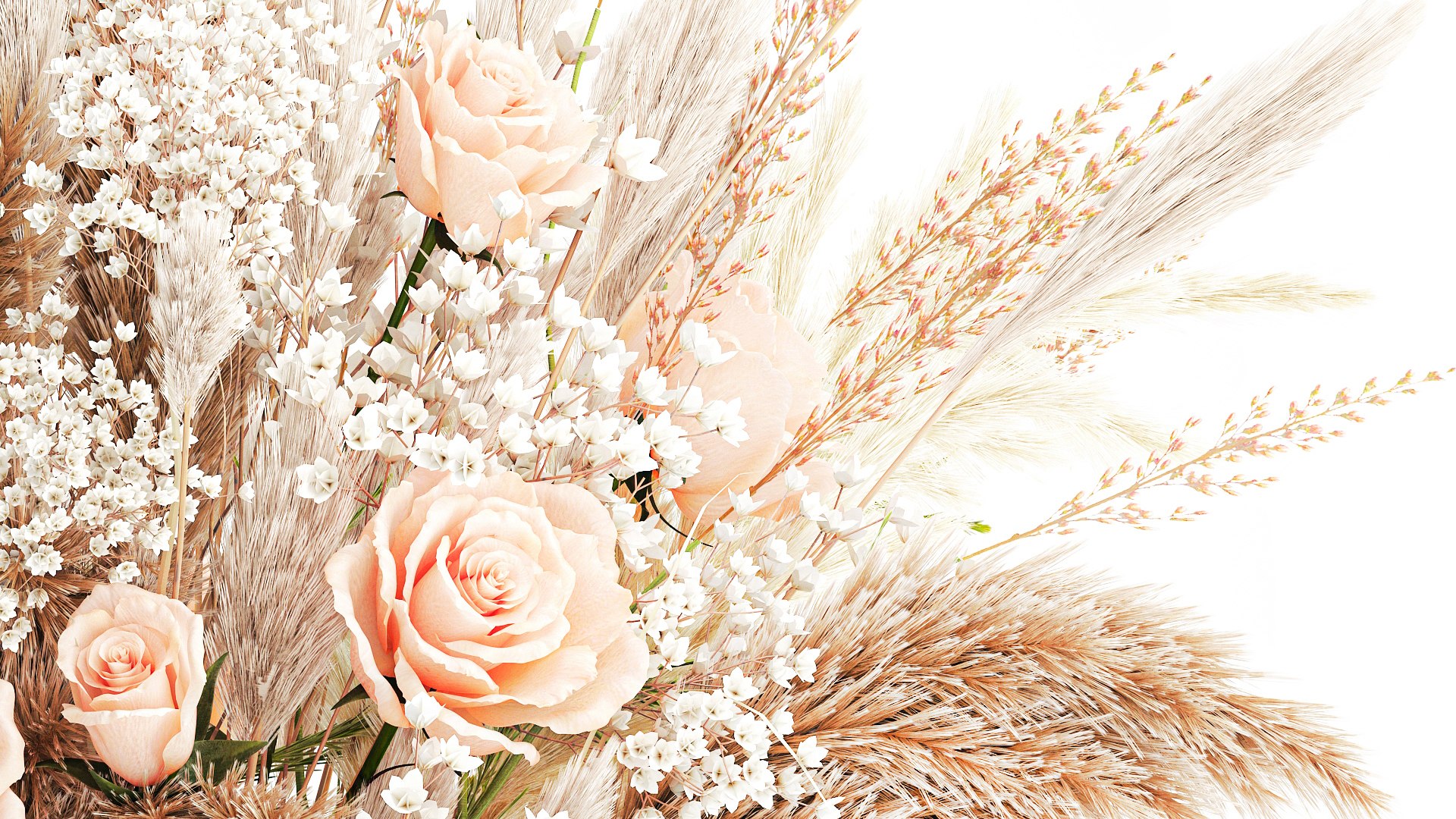 Bouquet Dried Flowers Pampas Rose Glass Vase Decor 3D Model ...