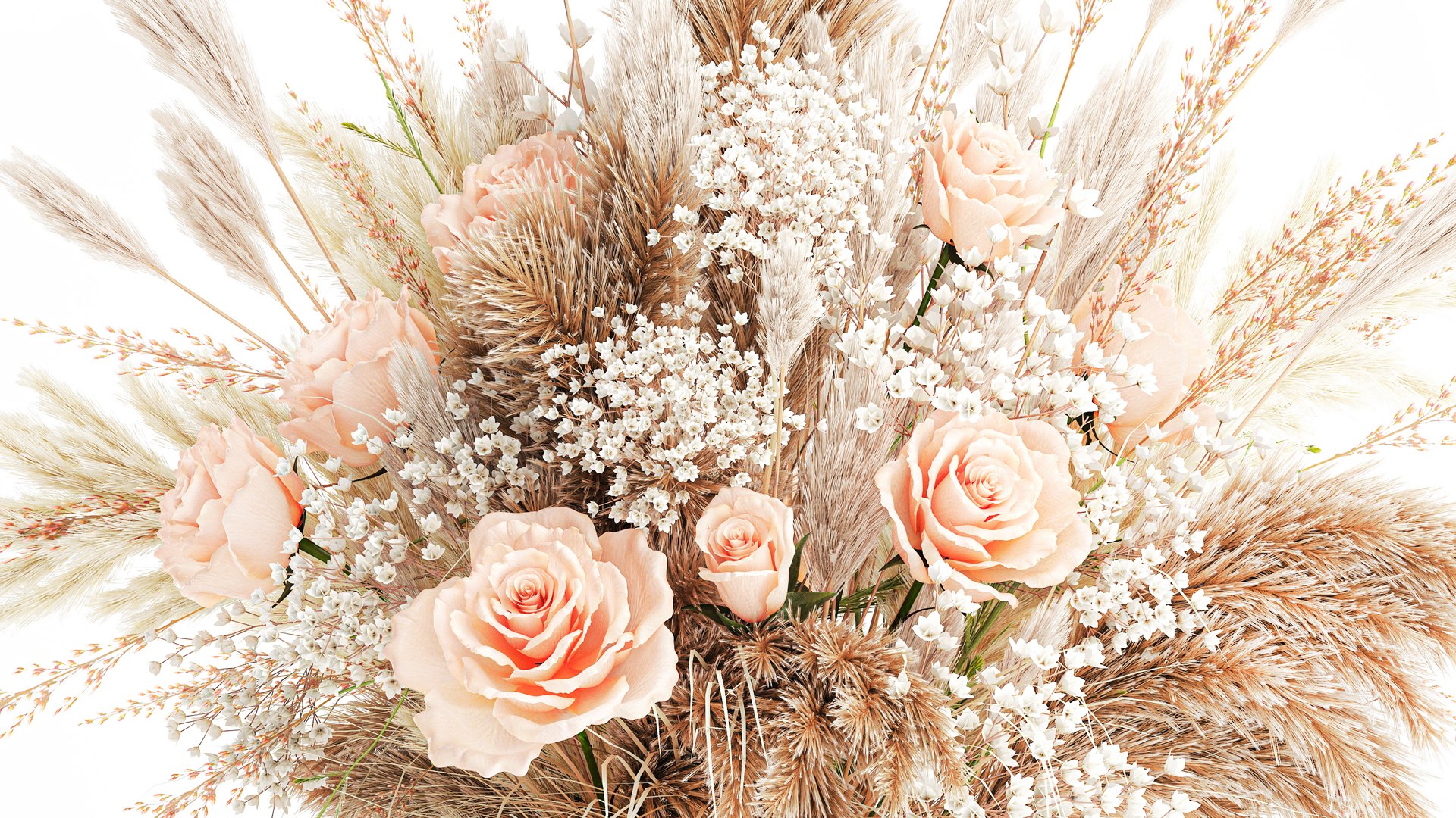 Bouquet Dried Flowers Pampas Rose Glass Vase Decor 3D Model ...