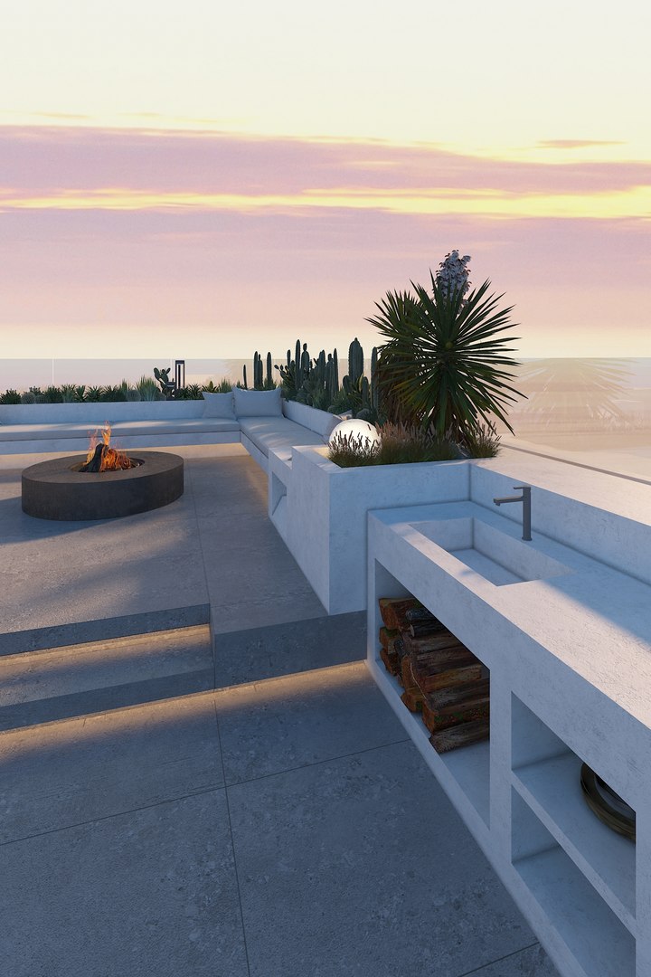 Mediterranean Style Rooftop Garden Private Garden Cactus Plant Pile 3D ...