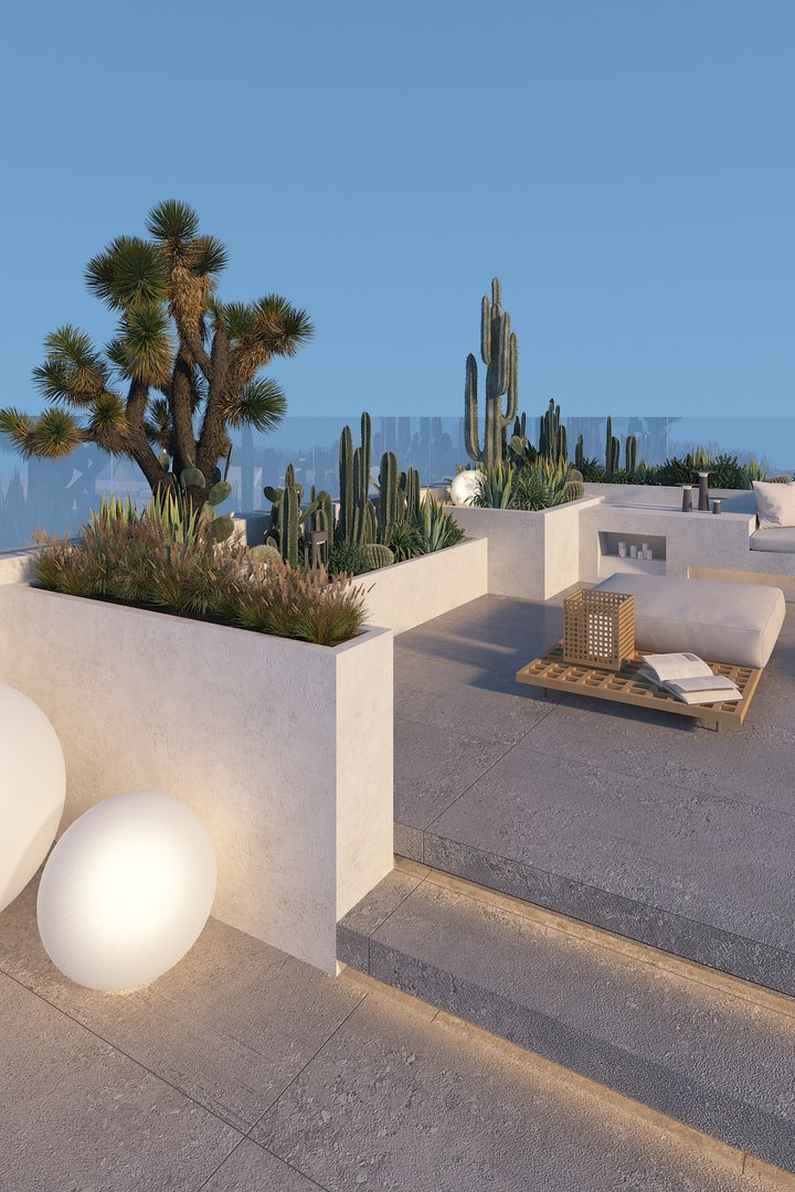 Mediterranean Style Rooftop Garden Private Garden Cactus Plant Pile 3D ...