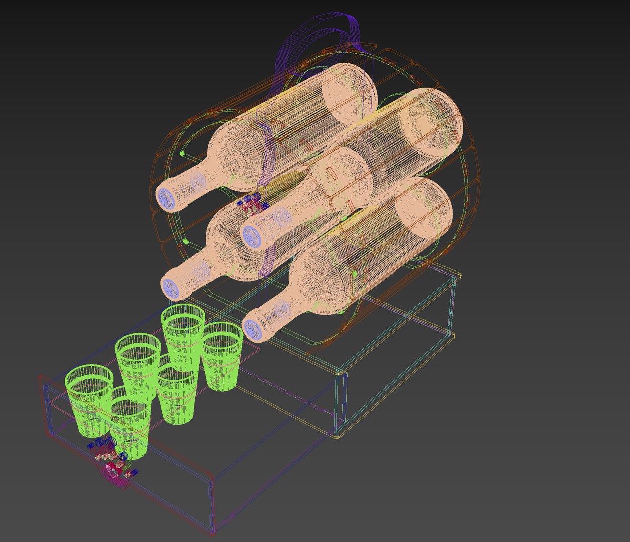 3D Barrel Wine Rack With Bottles And Glasses Model - TurboSquid 1762007