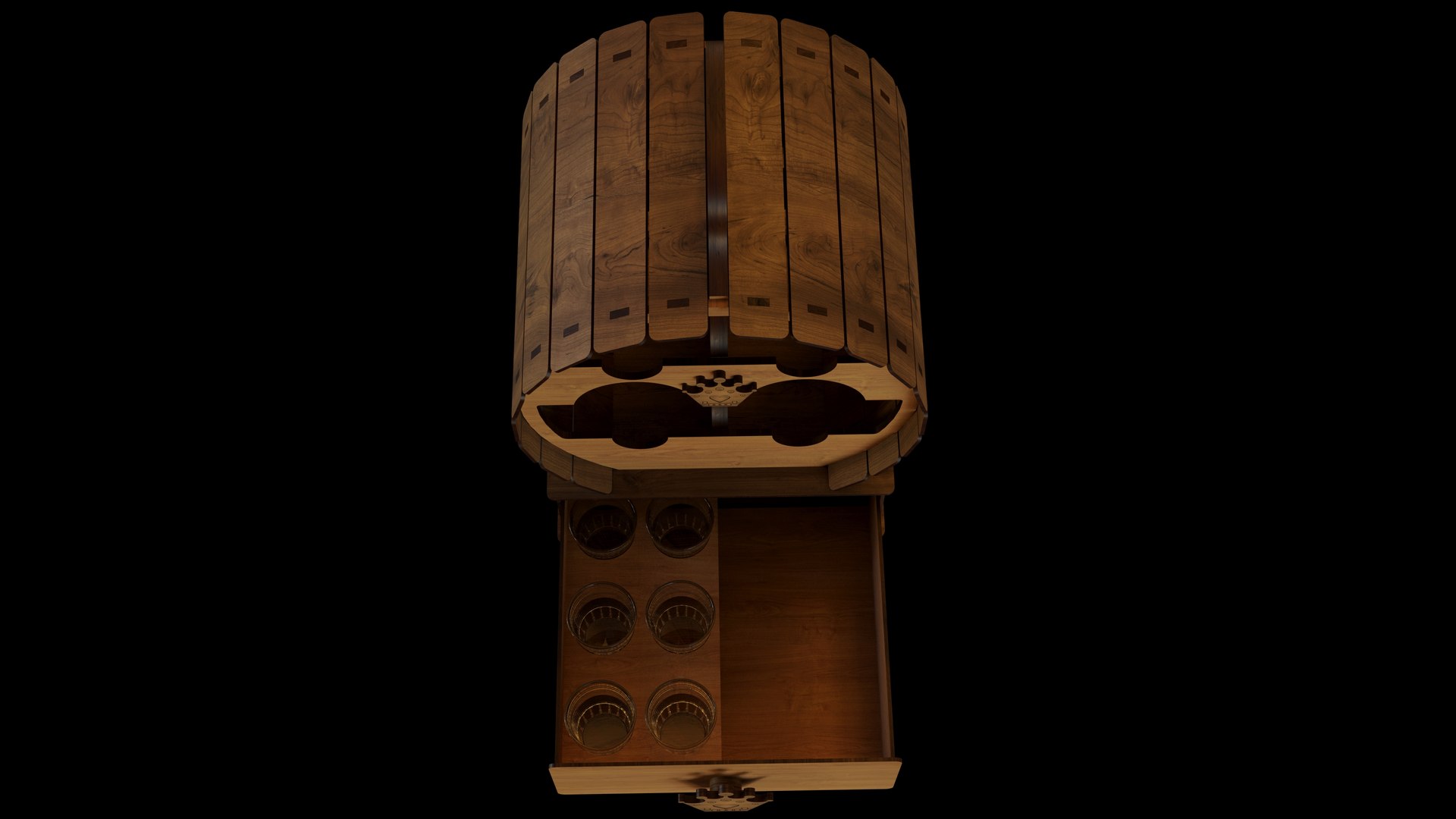 3D Barrel Wine Rack With Bottles And Glasses Model - TurboSquid 1762007