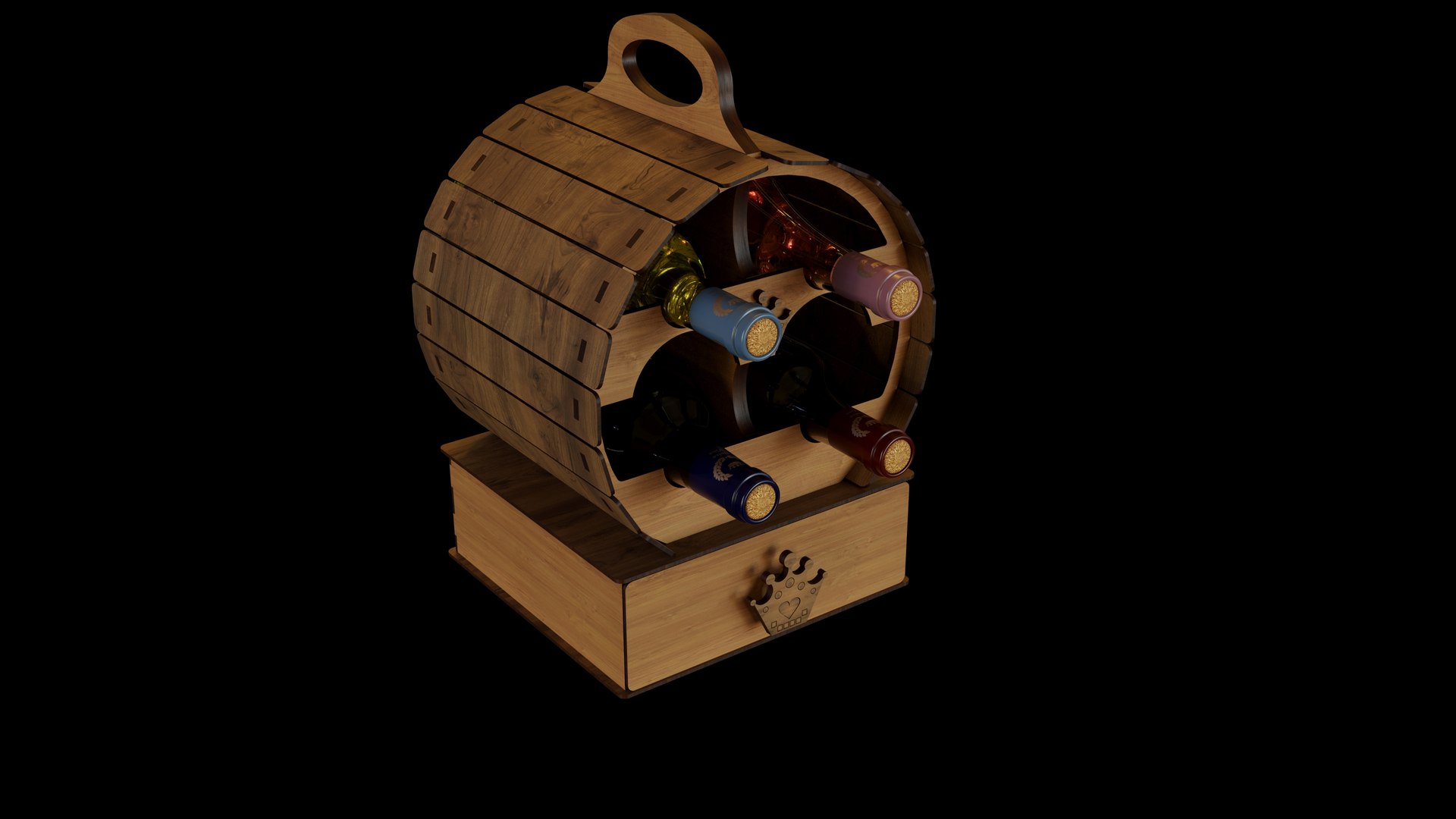 3D Barrel Wine Rack With Bottles And Glasses Model - TurboSquid 1762007