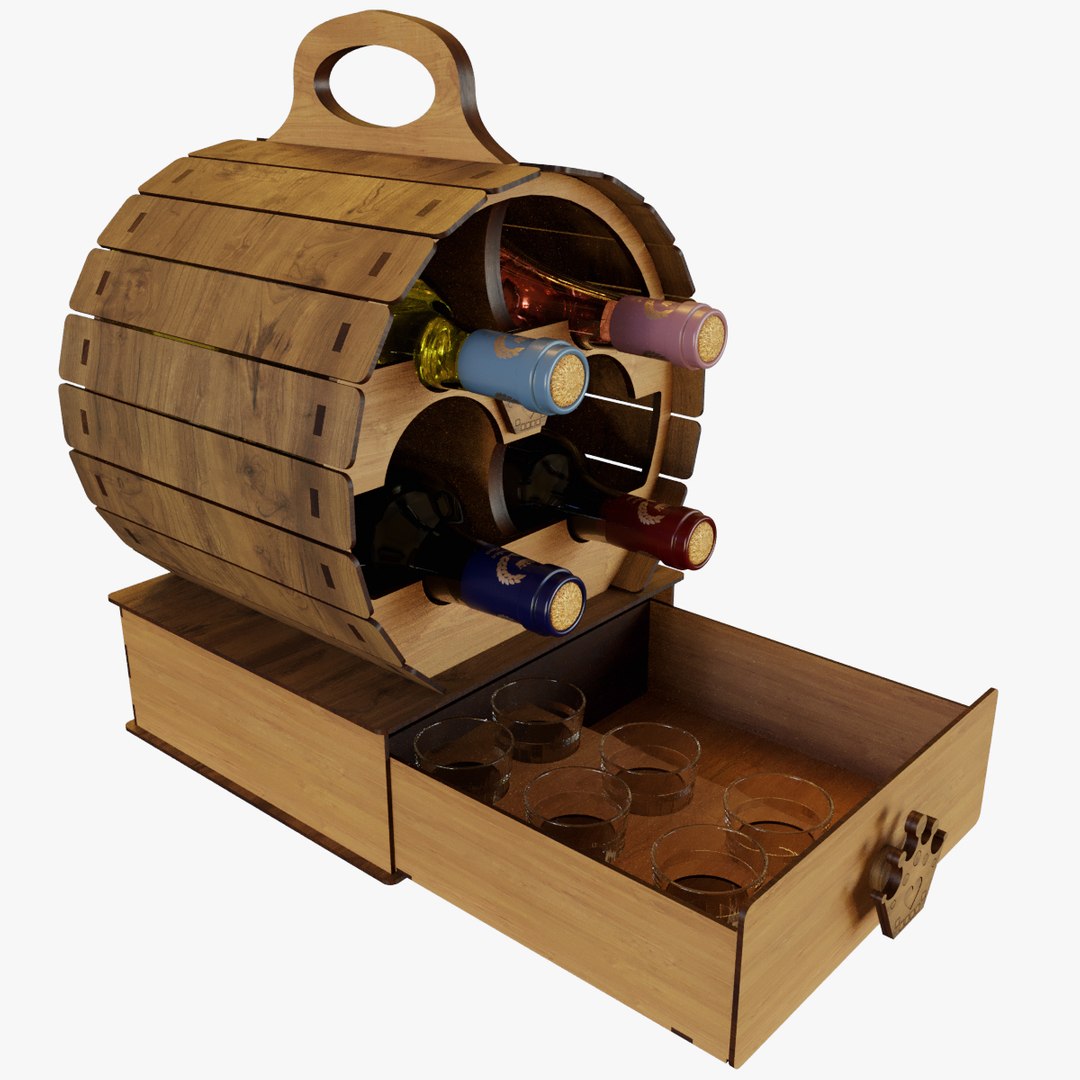 3D Barrel Wine Rack With Bottles And Glasses Model - TurboSquid 1762007