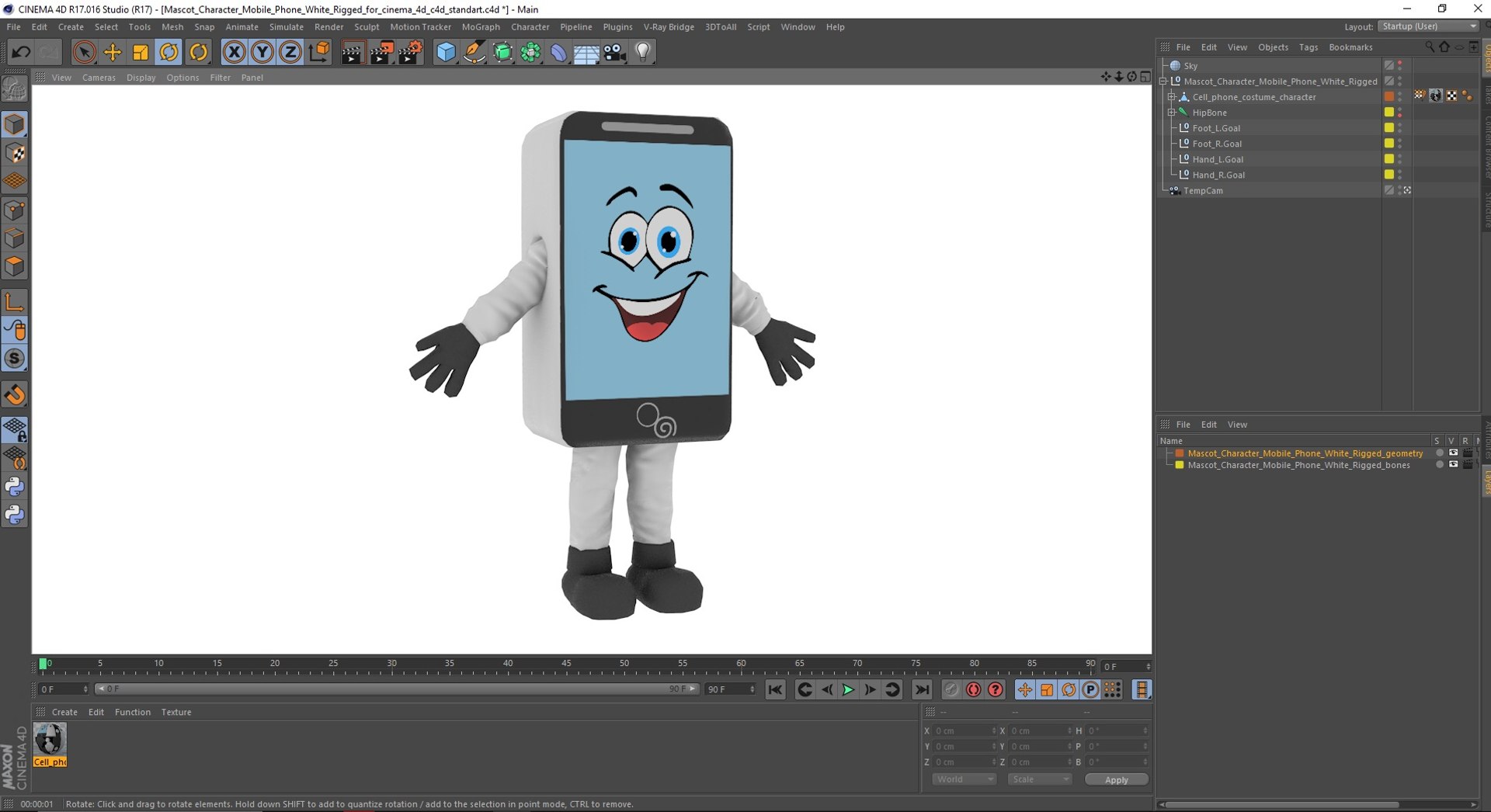 Mascot Character Mobile Phone White Rigged For Cinema 4D 3D Model ...