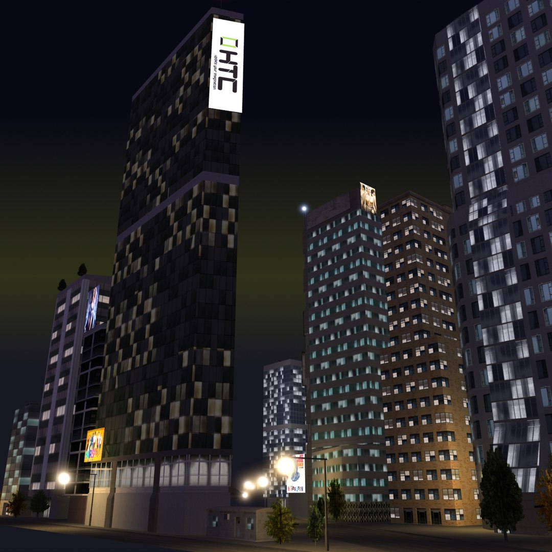 Night Time Skyscraper City Block 3d Max