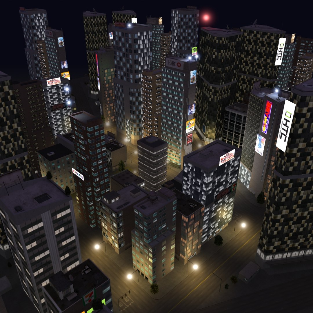 night time skyscraper city block 3d max