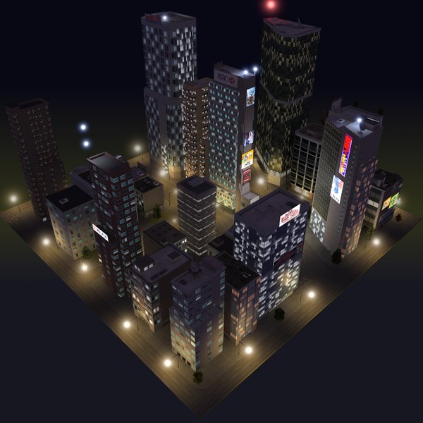 night time skyscraper city block 3d max