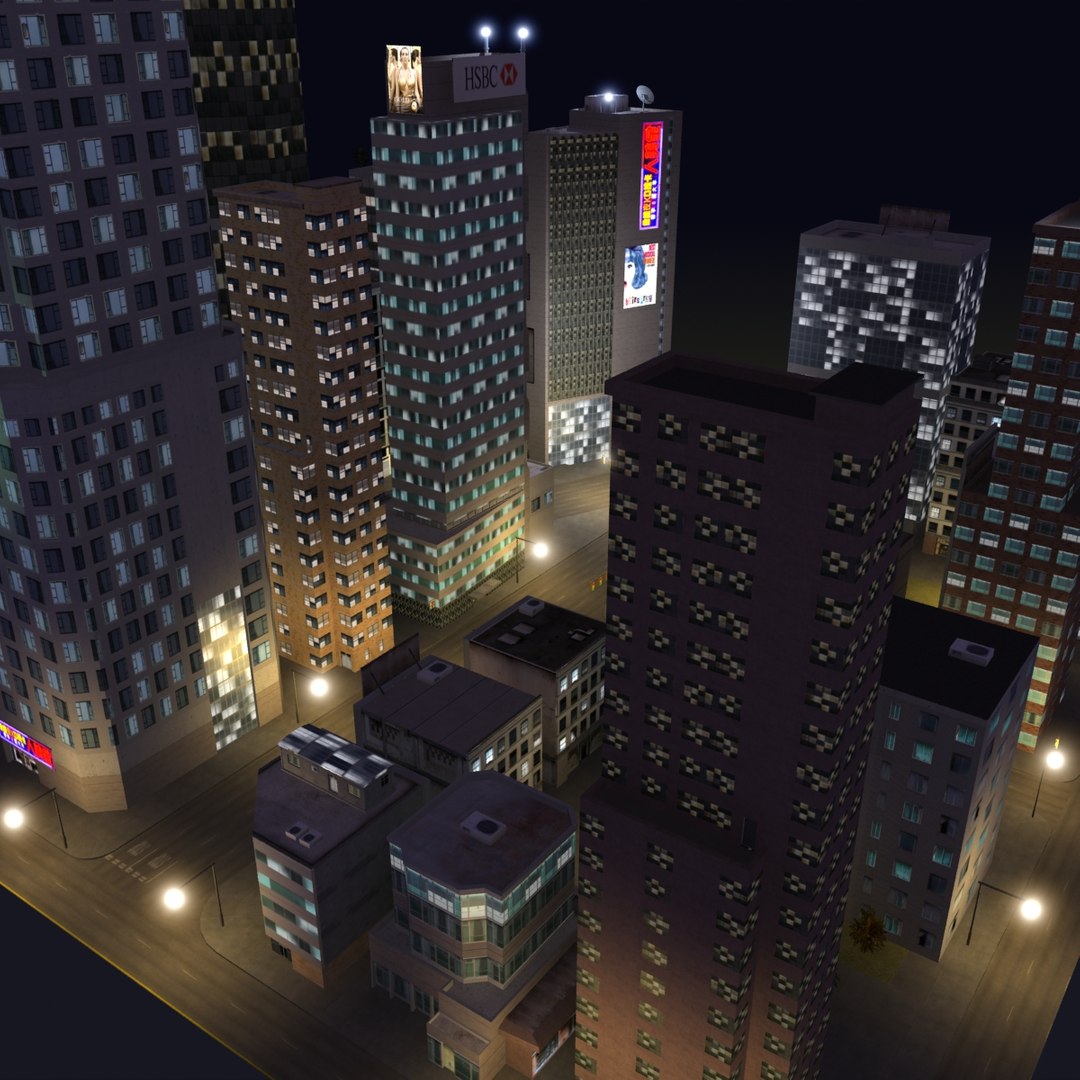 Night Time Skyscraper City Block 3d Max