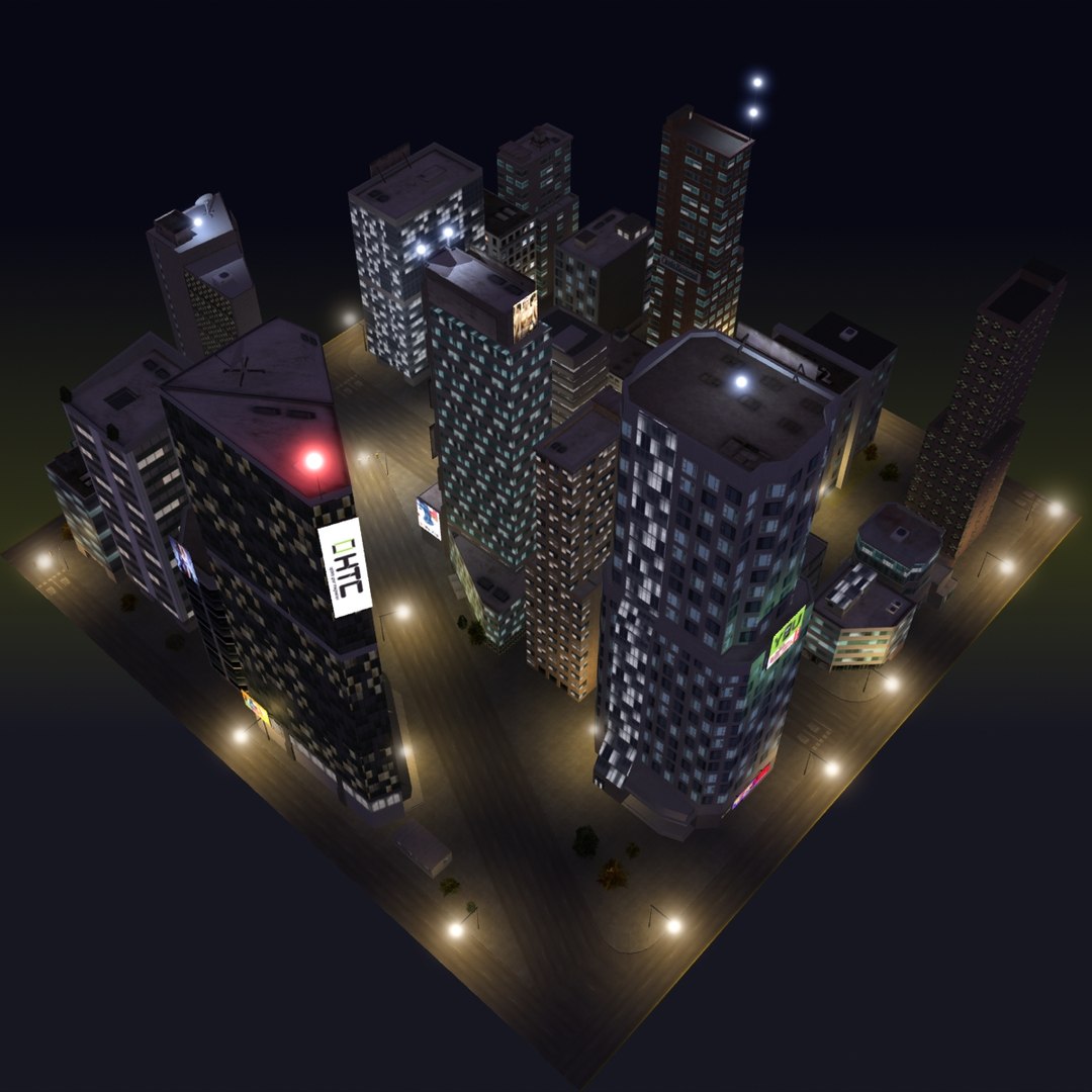 Night Time Skyscraper City Block 3d Max