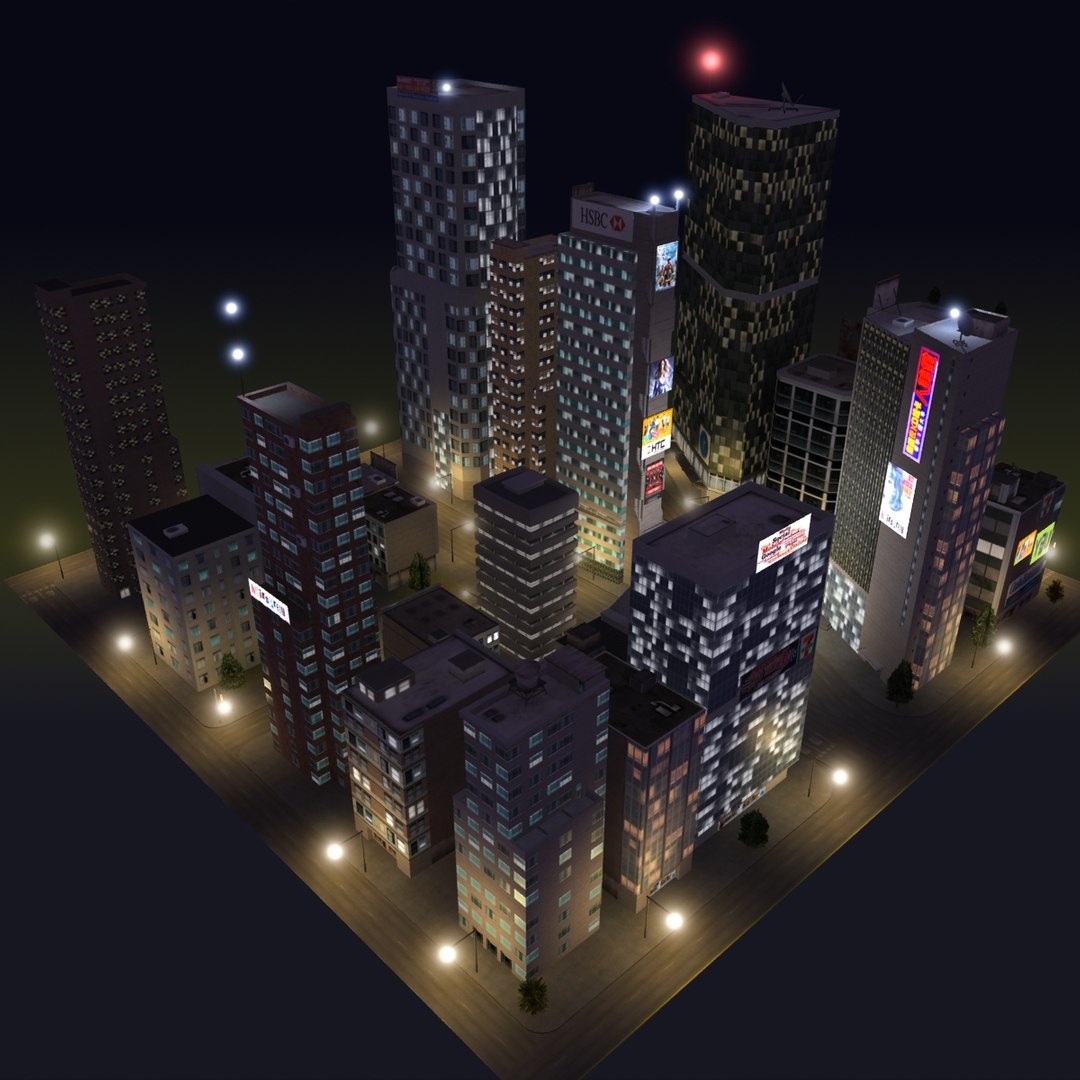 Night Time Skyscraper City Block 3d Max