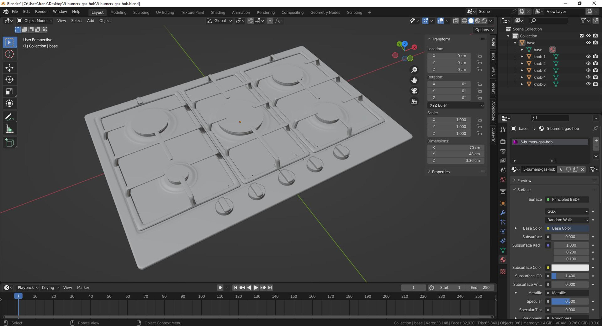 5 burners gas hob 3D model - TurboSquid 1974183