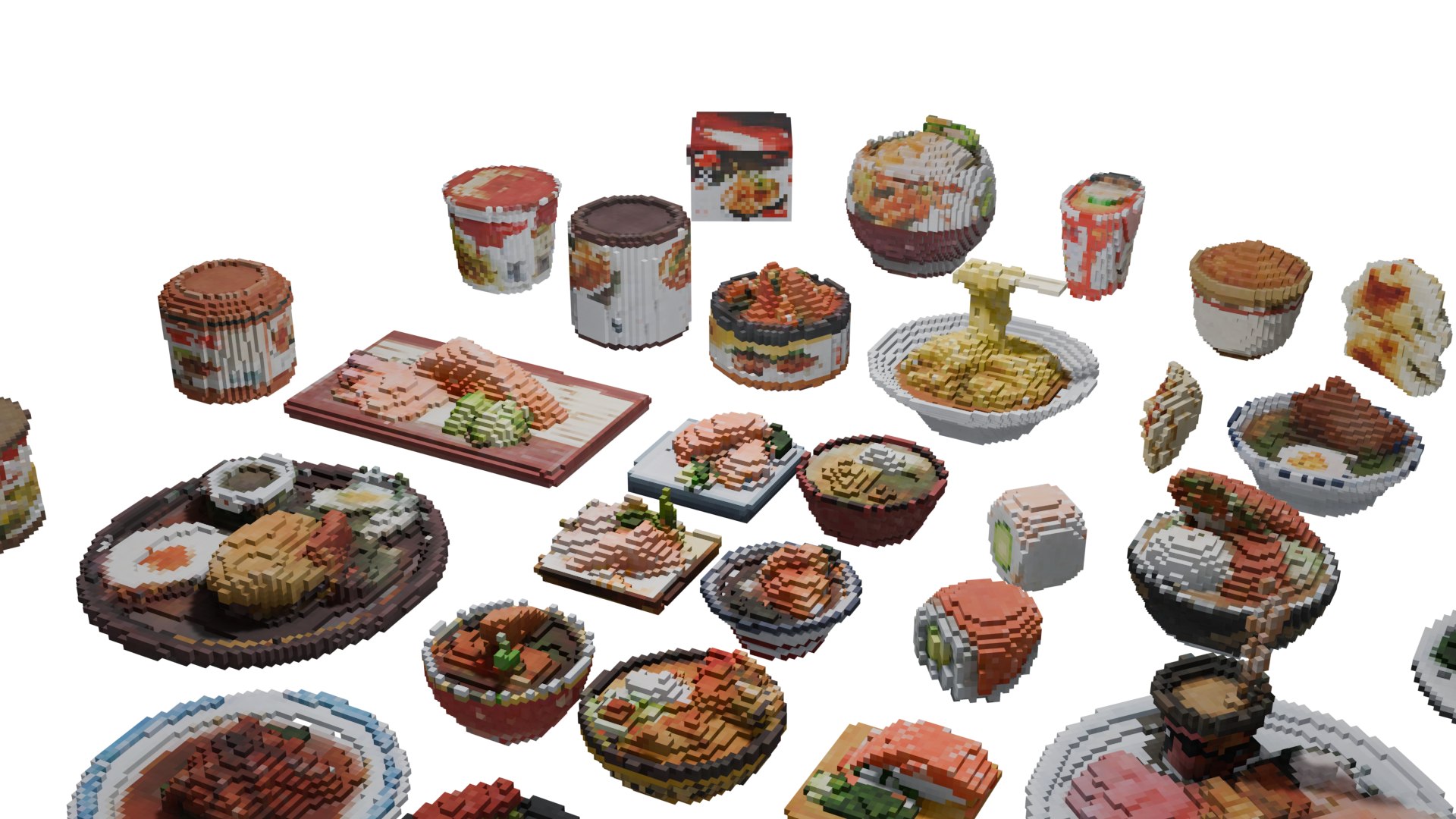 3D Model Tiny Asian Food 3D Model Collection Retro Pixel Style ...
