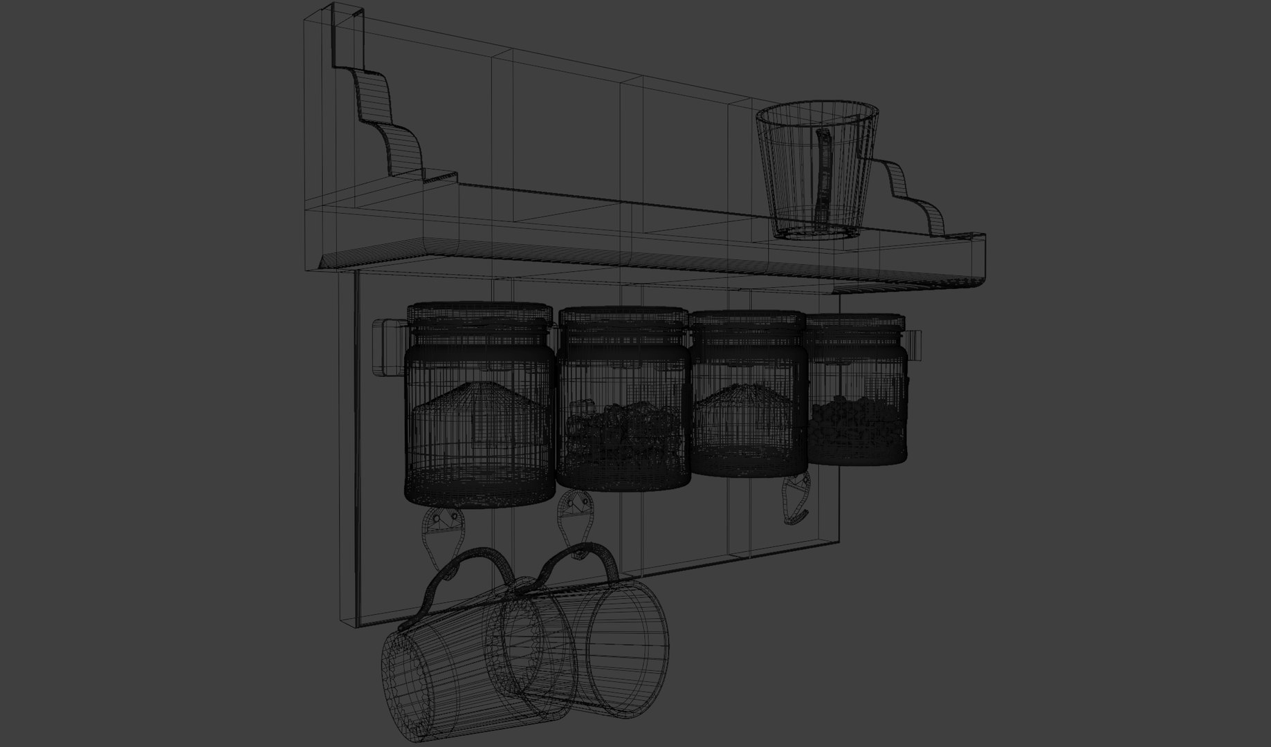 3D Wooden Wall Shelf With Glass Storage Jars And Mug Hooks - TurboSquid ...