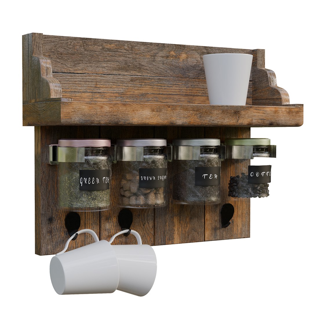 3D Wooden Wall Shelf With Glass Storage Jars And Mug Hooks - TurboSquid ...