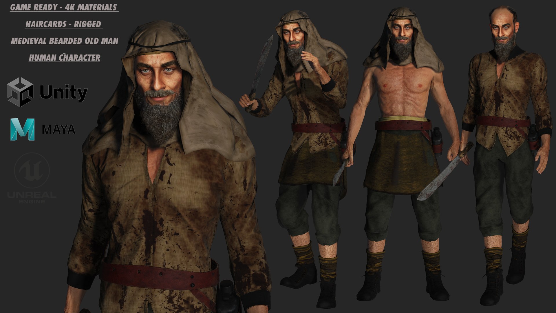 3D REALISTIC MALE CHARACTER - MEDIEVAL BEARDED OLD MAN 01 Model ...