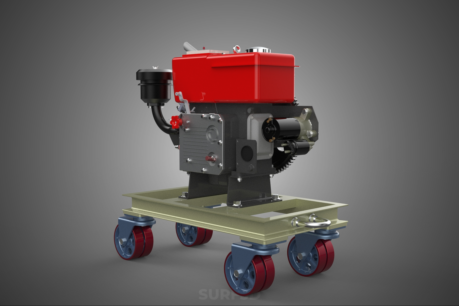 modelo 3d CARRO CON RUEDAS MONTADO EN MÁQUINA CON MOTOR DIÉSEL MÓVIL ...