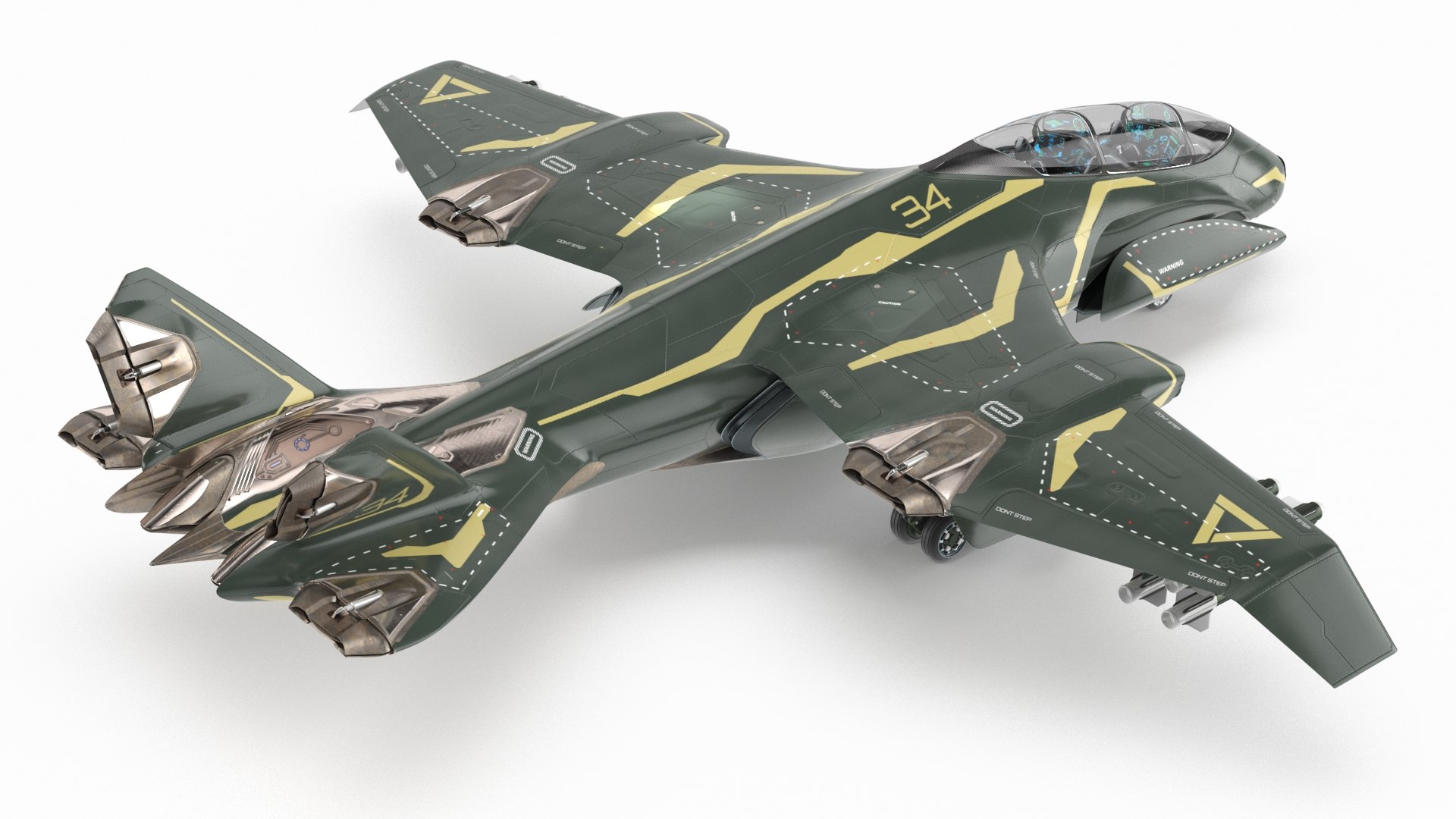 3D Sci Fi Green Military Fighter Jet Rigged For Cinema 4D Model ...