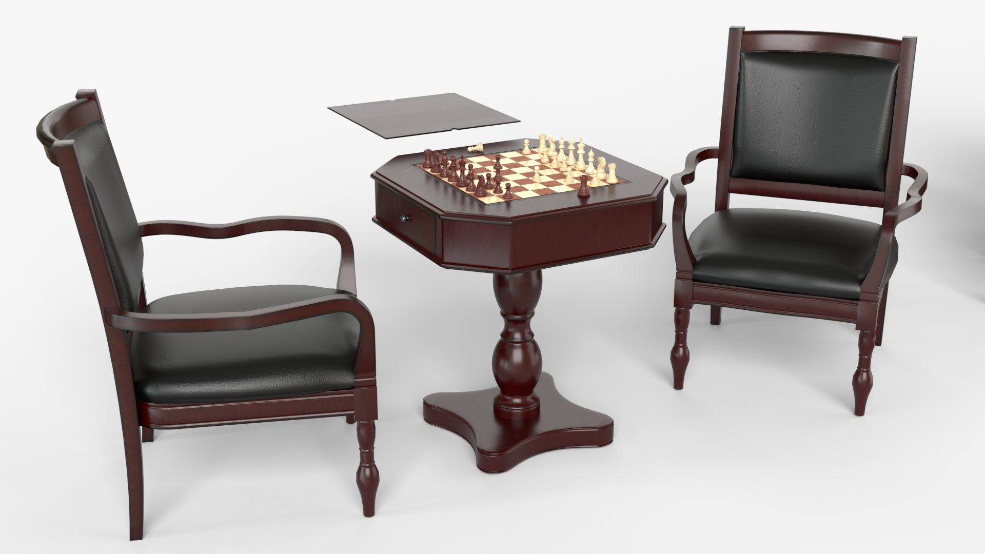 3D Dark Chess And Pedestal Game Table And Chairs - TurboSquid 2184705