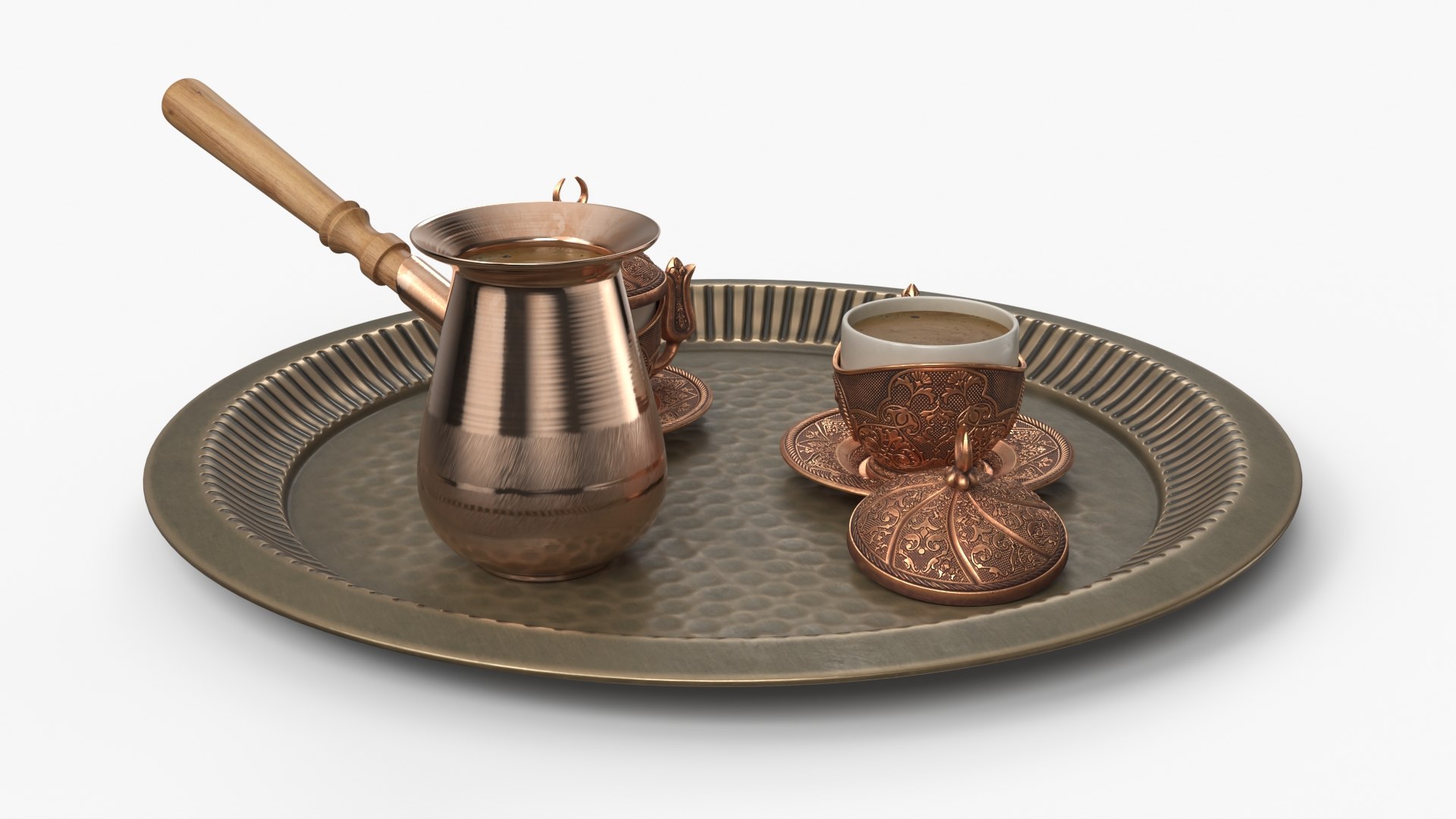 Turkish Embossed Coffee Cups And Cezve On Serving Tray 3D Model ...