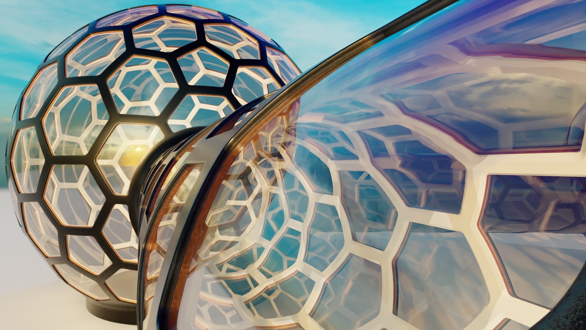 3D Model 3 Glass Hexagon Sci Fi Spherical Domes With Walkway ...