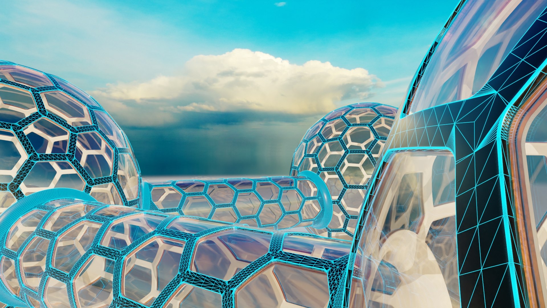 3D Model 3 Glass Hexagon Sci Fi Spherical Domes With Walkway ...