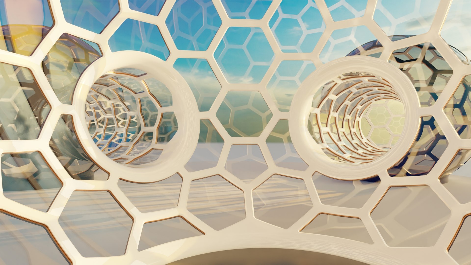 3D Model 3 Glass Hexagon Sci Fi Spherical Domes With Walkway ...