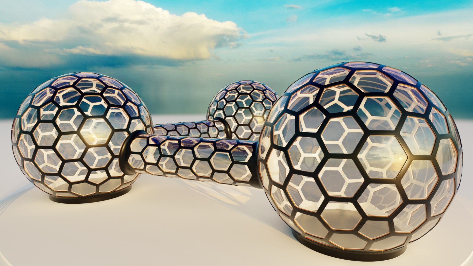 3D Model 3 Glass Hexagon Sci Fi Spherical Domes With Walkway ...