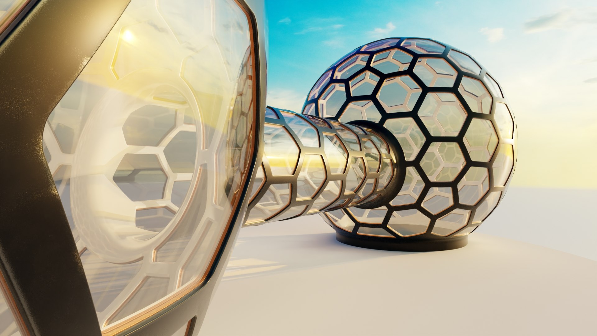 3D Model 3 Glass Hexagon Sci Fi Spherical Domes With Walkway ...