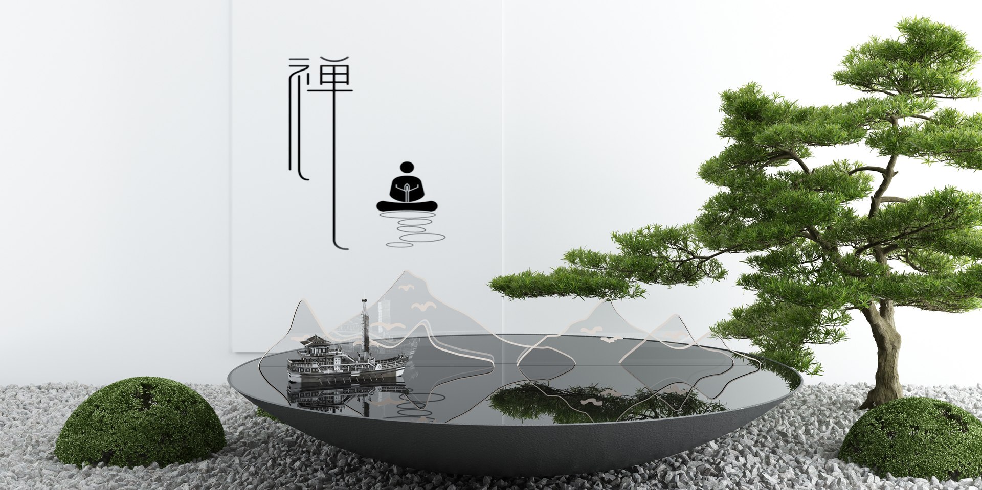 New Chinese style courtyard landscape water feature sketch model 3D ...