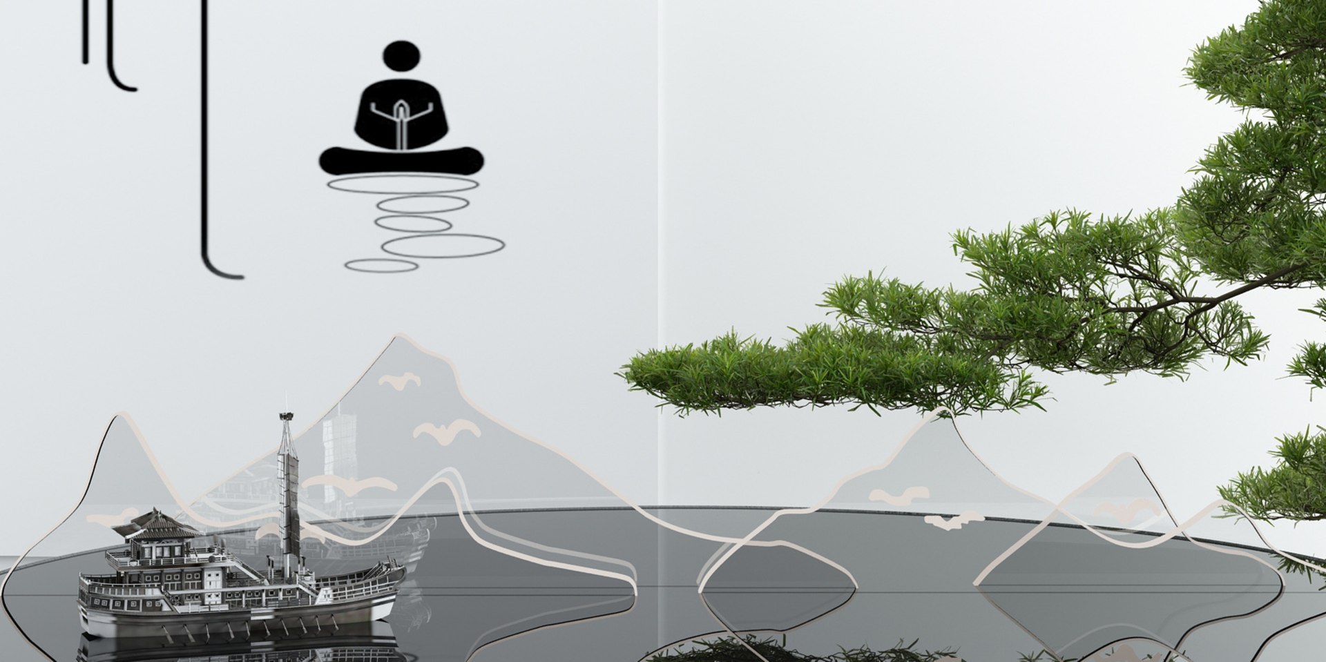 New Chinese style courtyard landscape water feature sketch model 3D ...