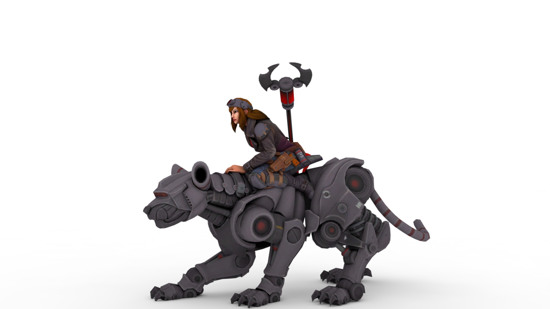 A Woman With Goggles And A Red Shirt Is Riding A Large Robotic Tiger 3D ...