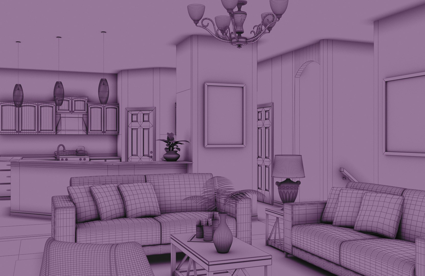 3D Model High Def Modern Classic Living Room And Kitchen - TurboSquid ...