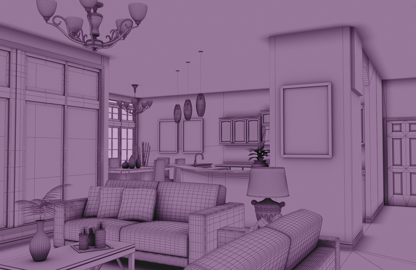 3D Model High Def Modern Classic Living Room And Kitchen - TurboSquid ...