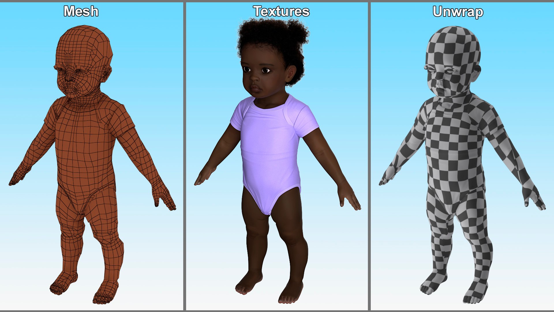 3D Baby Girl Dark Skin Wearing Bodysuit A-Pose Fur - TurboSquid 2337799