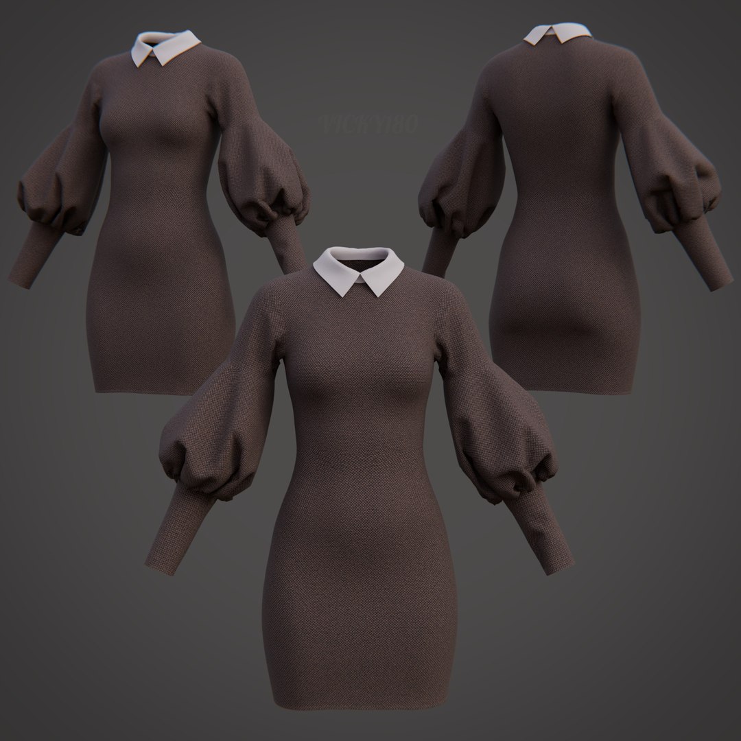 3D Formal Tweed Dress - Puff Sleeve Collared Bodycon Short Outfit ...