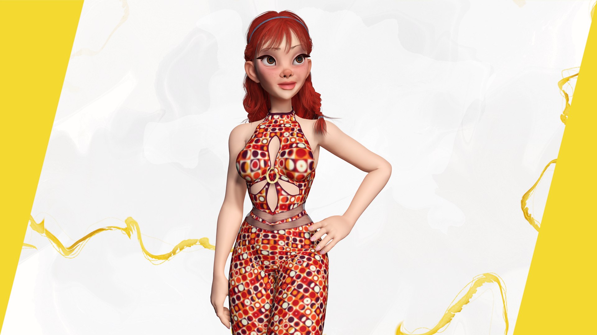 3D Redhead Character With Colorful Patterned Outfit Toon Low-poly 3D ...