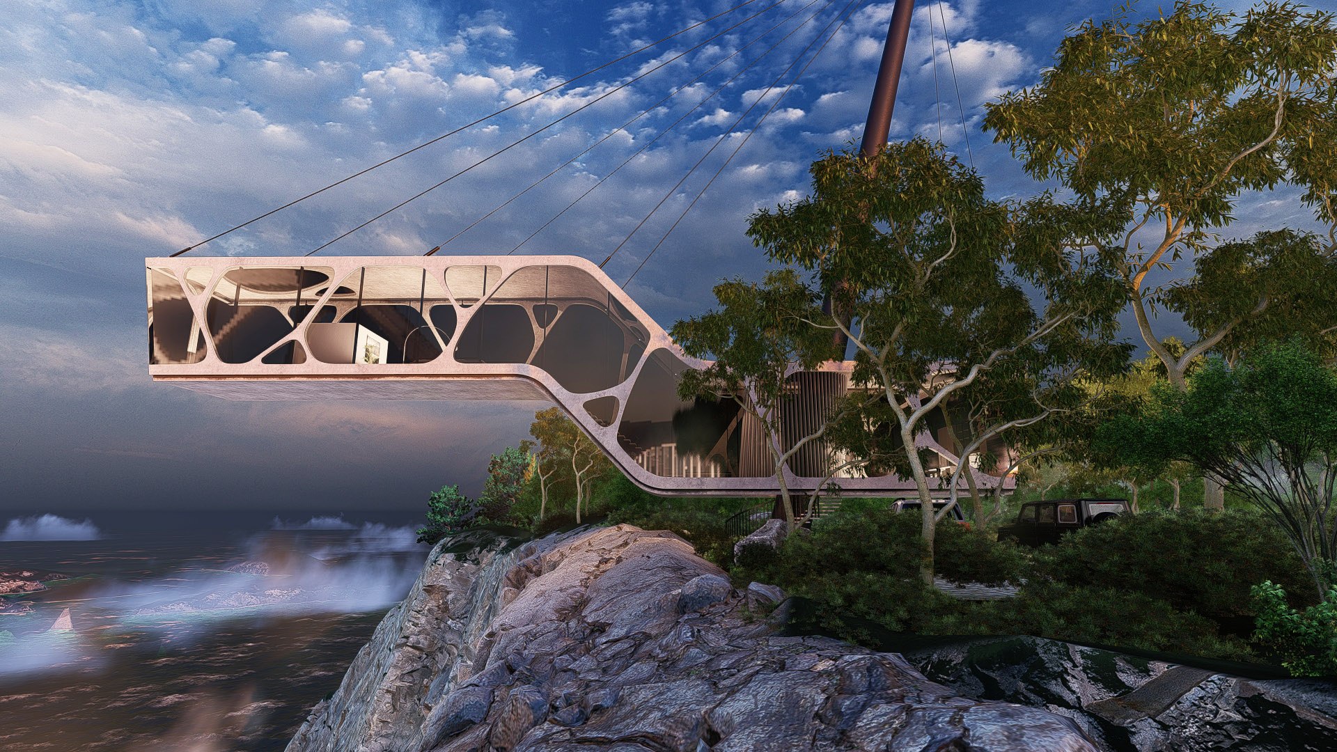 Cantilever Beach Mountain Cliff House Modern Organic Architecture Revit ...