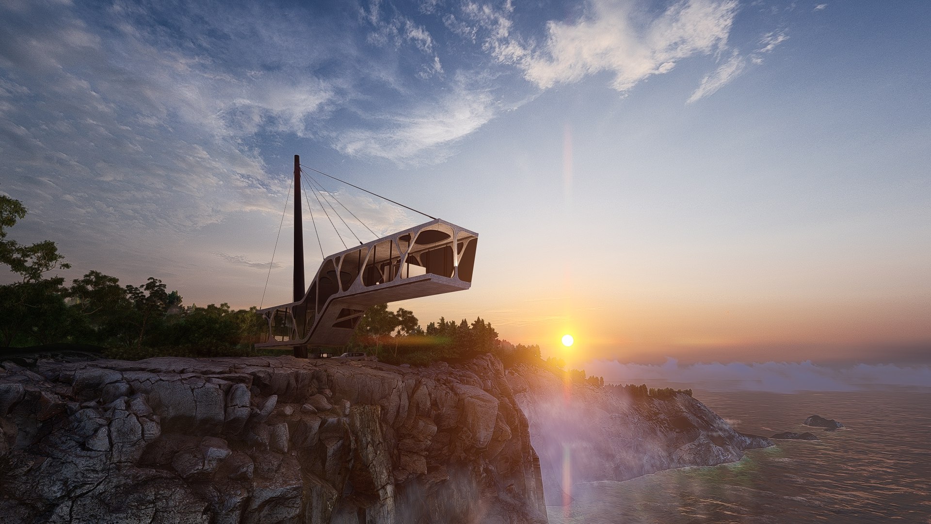 Cantilever Beach Mountain Cliff House Modern Organic Architecture Revit ...