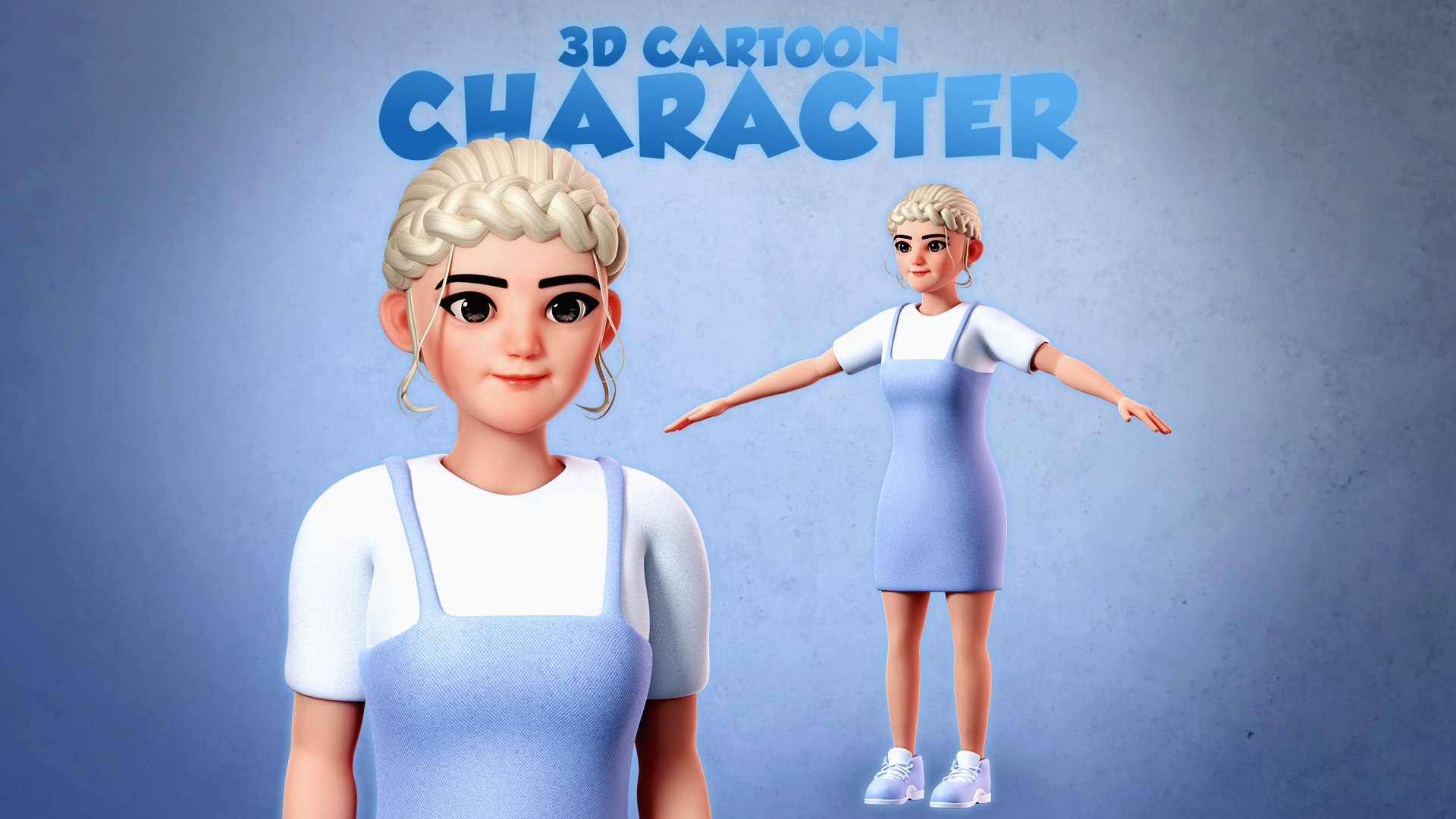 3D 3D Cartoon Character - Cute Female Character with blue cloths model ...