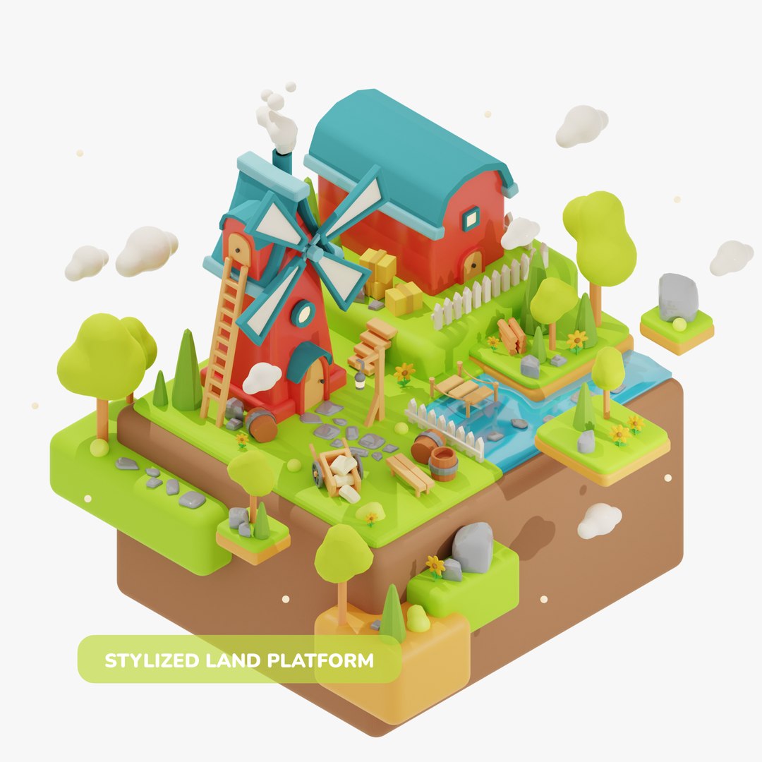 Stylized Land Platform Windmill Environment Game Ready Landscape Low ...